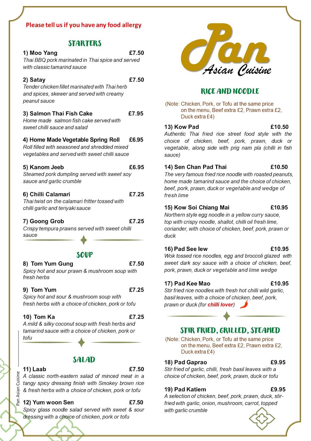 Menu at Pan Asian Cusine in Margate restaurant, Margate