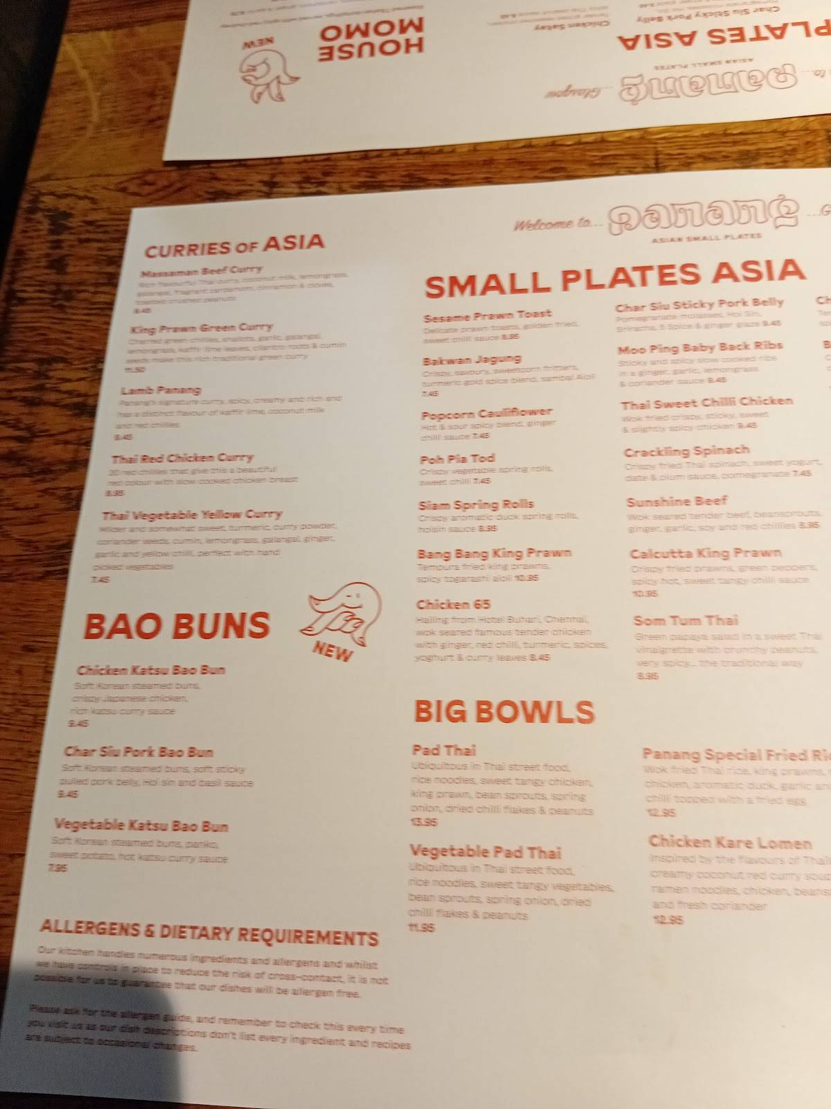 Menu at Panang restaurant, Glasgow