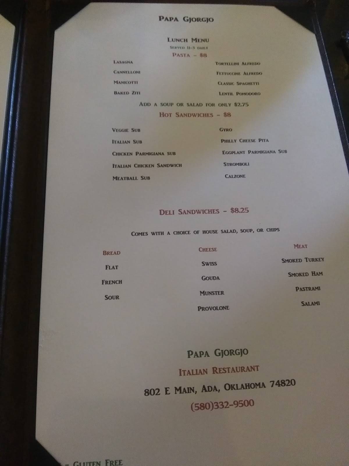 Menu at Papa Gjorgjo restaurant, Ada, 802 E Main St