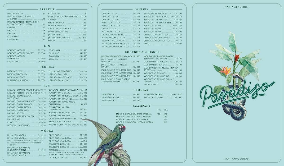 Menu at Paradiso Kitchen & Cocktails restaurant, Warsaw