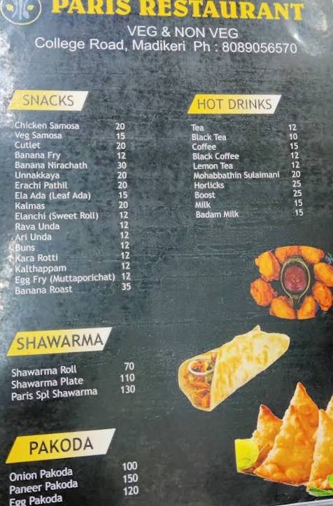 Menu at Paris Restaurant, Madikeri