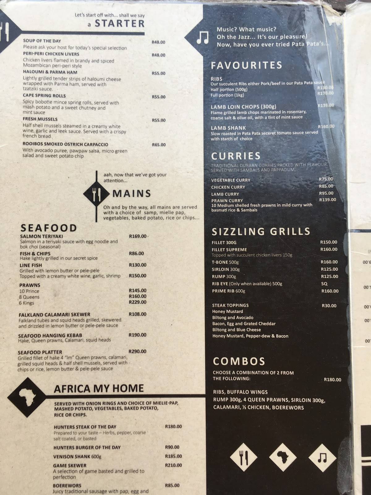 Menu at Pata Pata restaurant, Johannesburg, 286 Fox St
