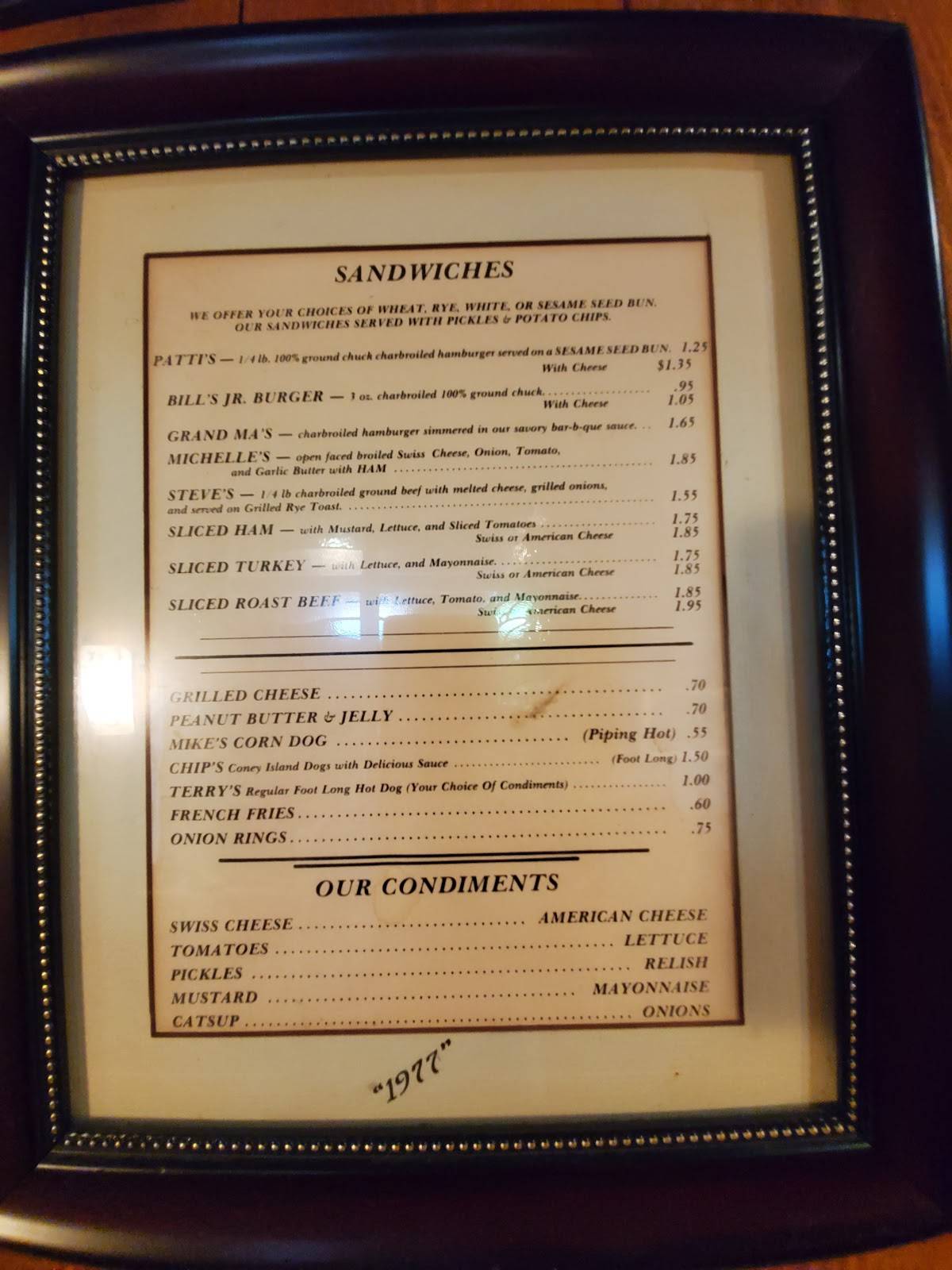 Menu at Patti's 1880's Settlement restaurant, Grand Rivers