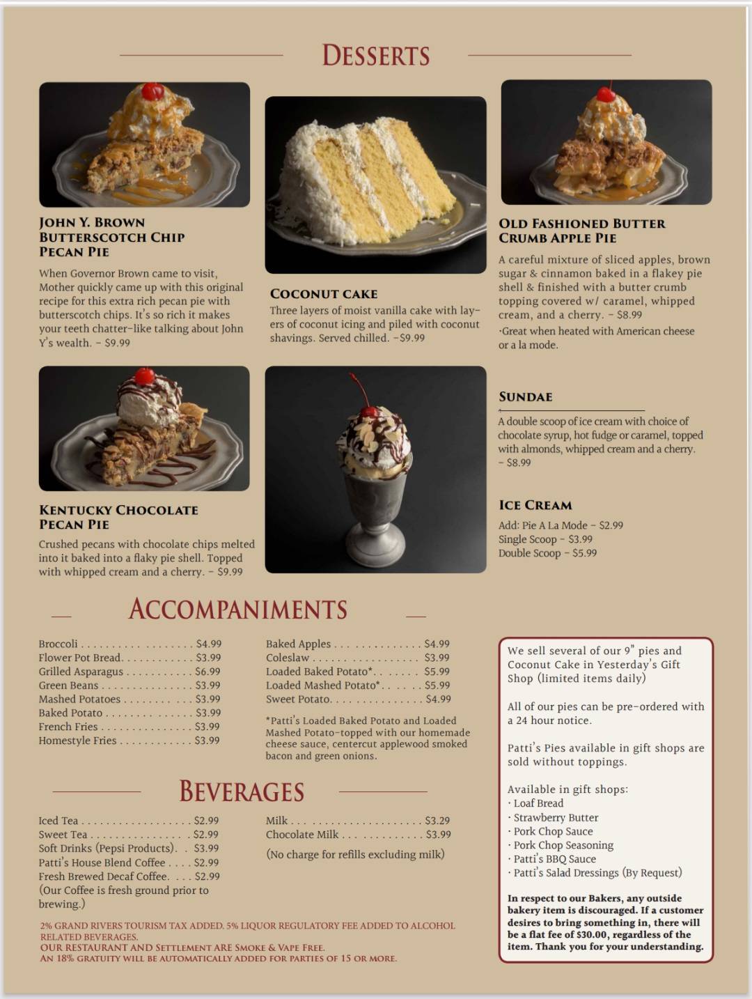 Menu at Patti's 1880's Settlement restaurant, Grand Rivers