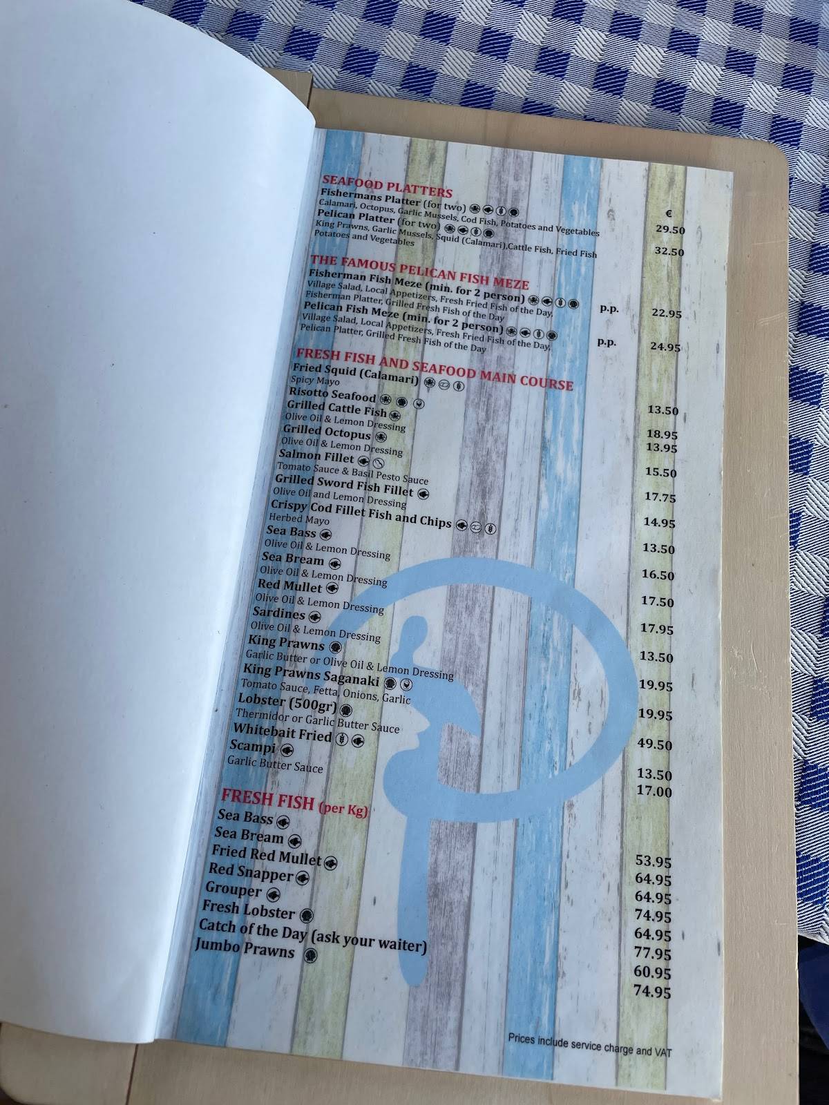Menu at Pelican Restaurant, Paphos, At the Paphos Harbour