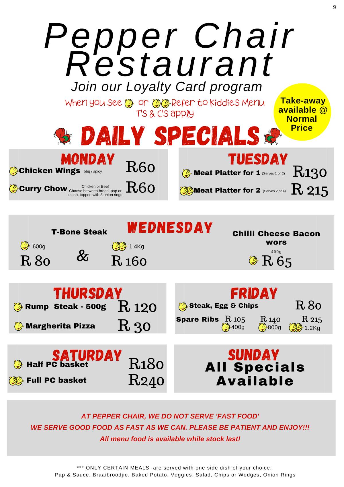 Menu at Pepper Chair Restaurant, Centurion
