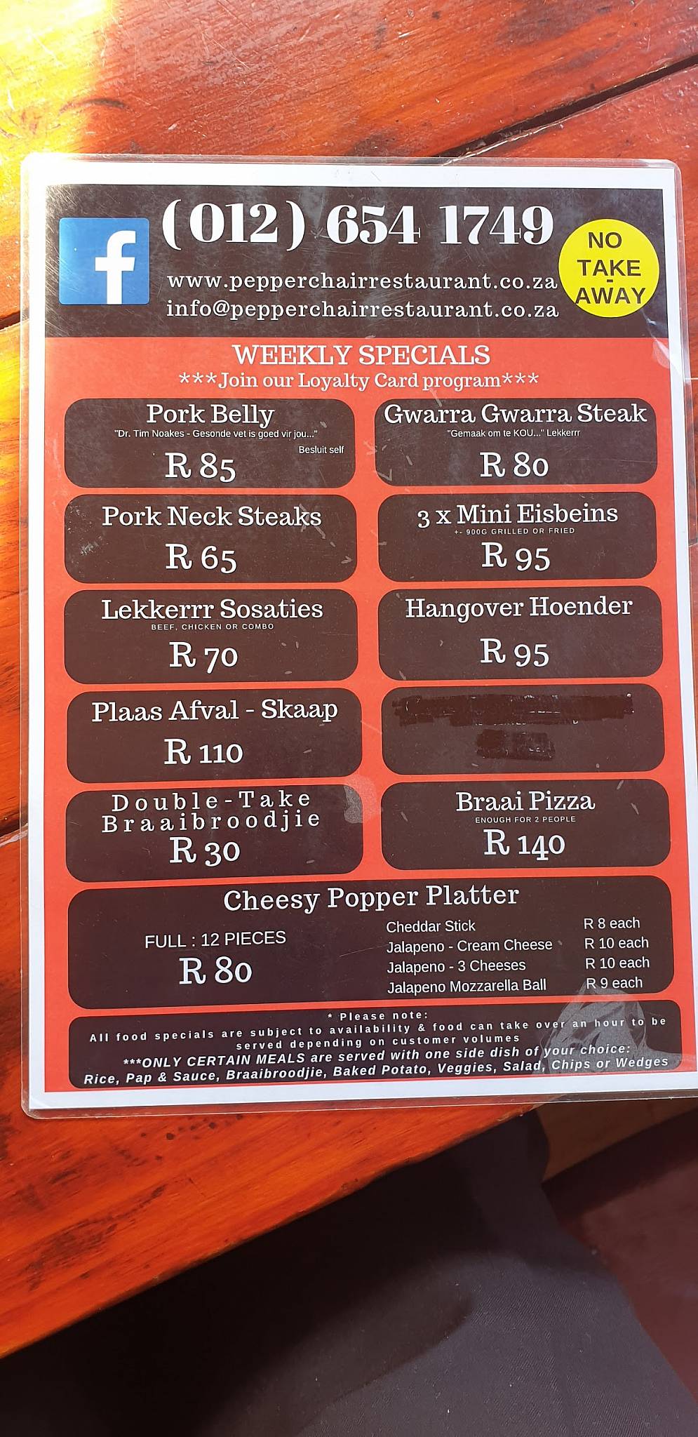 Menu at Pepper Chair Restaurant, Centurion
