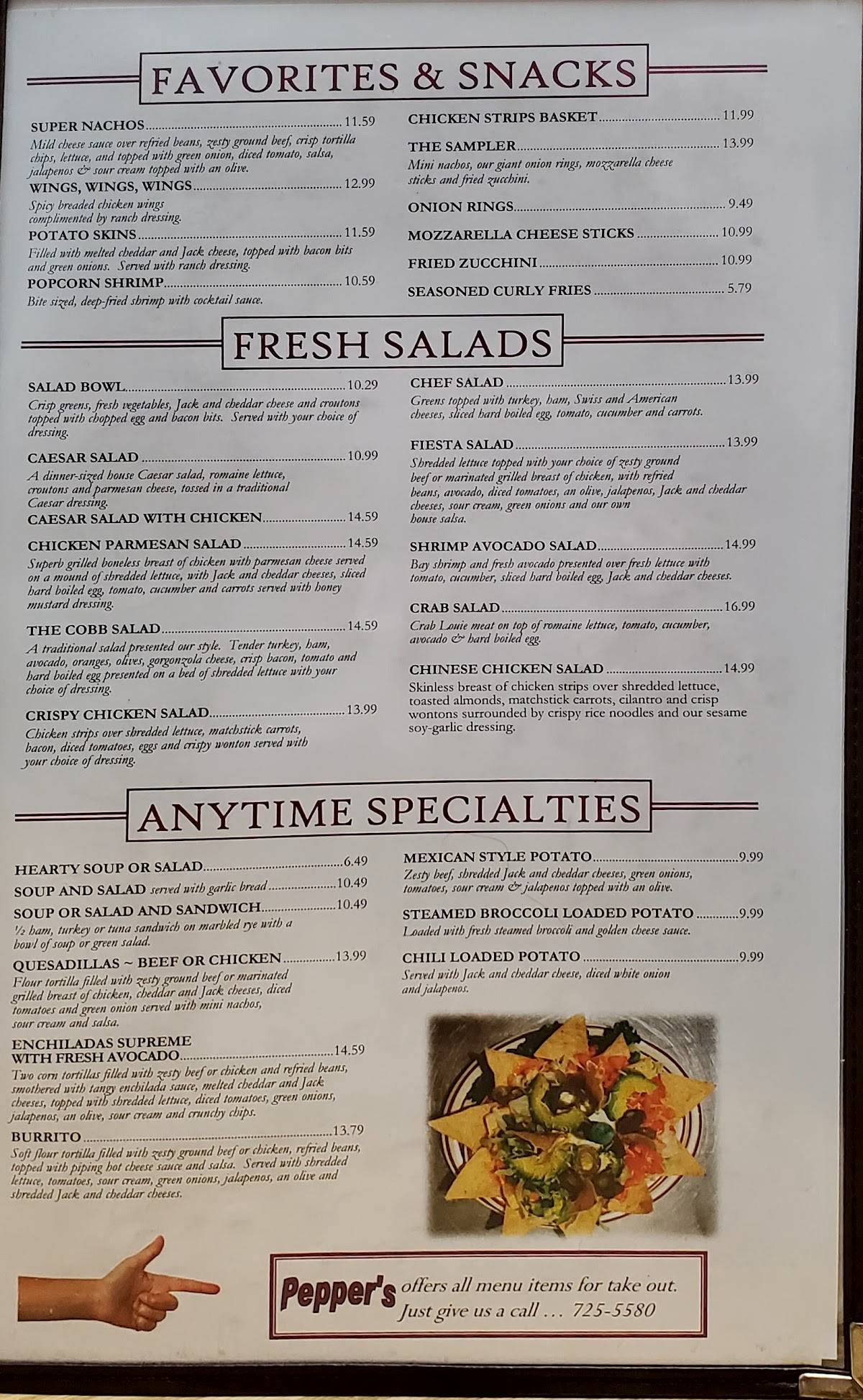 Menu at Pepper's restaurant, Fortuna, 719 S Fortuna Blvd