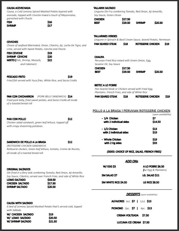 Carta del restaurante Peruvian Fuego, Palm Springs