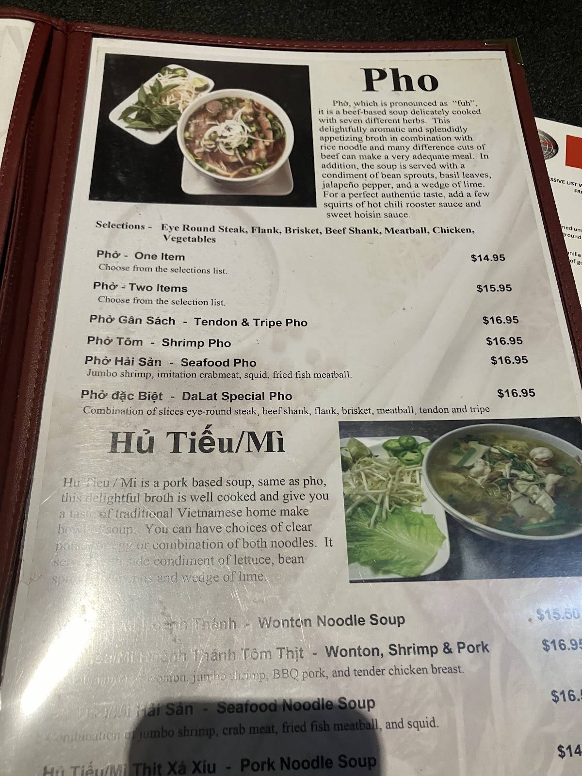 Carta de Pho Dalat Authentic Vietnamese Restaurant, Tempe