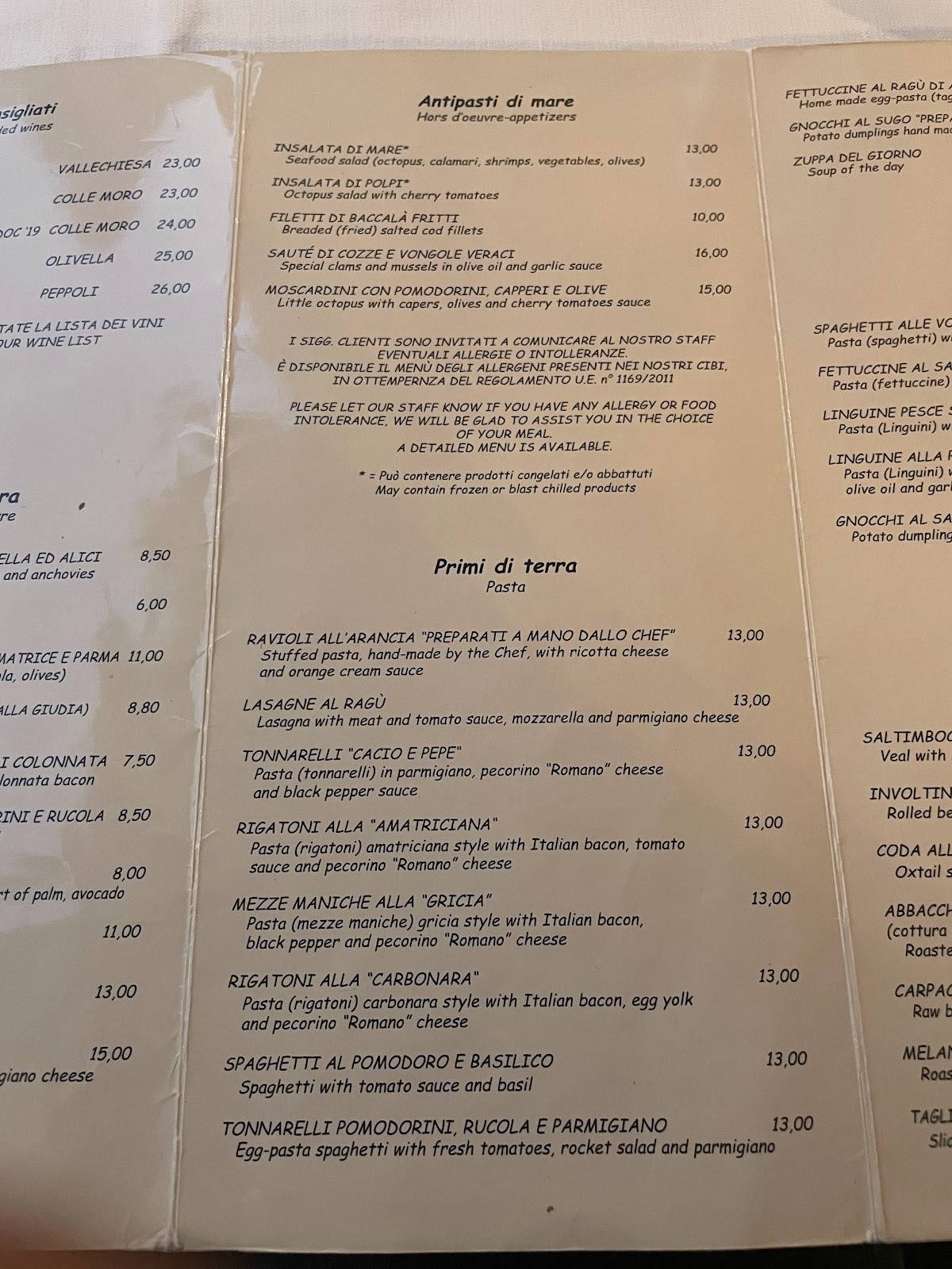 Menu at Piccolo Arancio restaurant, Rome, Vicolo Scanderbeg