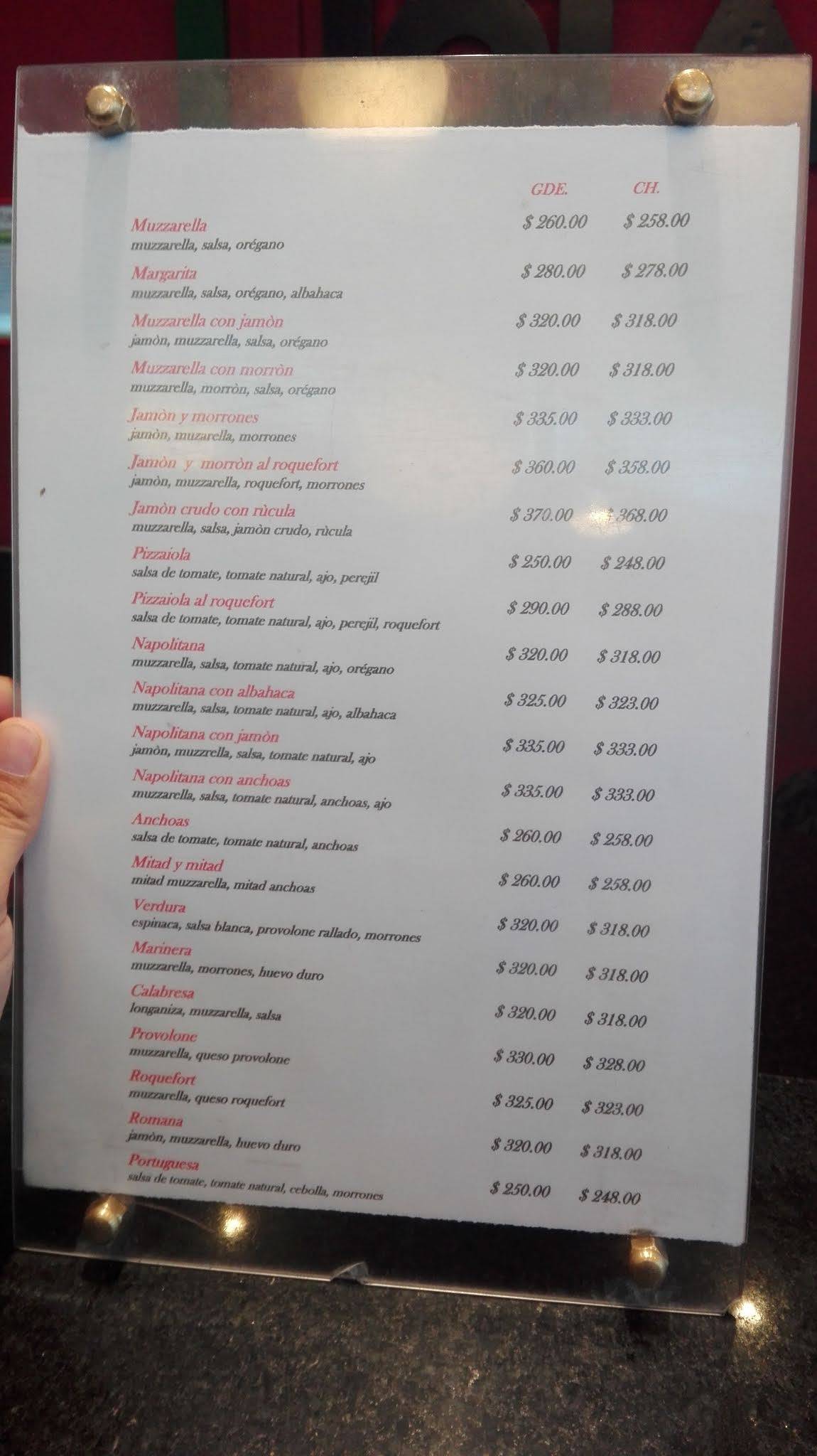 Carta del restaurante Pizzaiola, Bernal, Av. Gral. Lamadrid 315