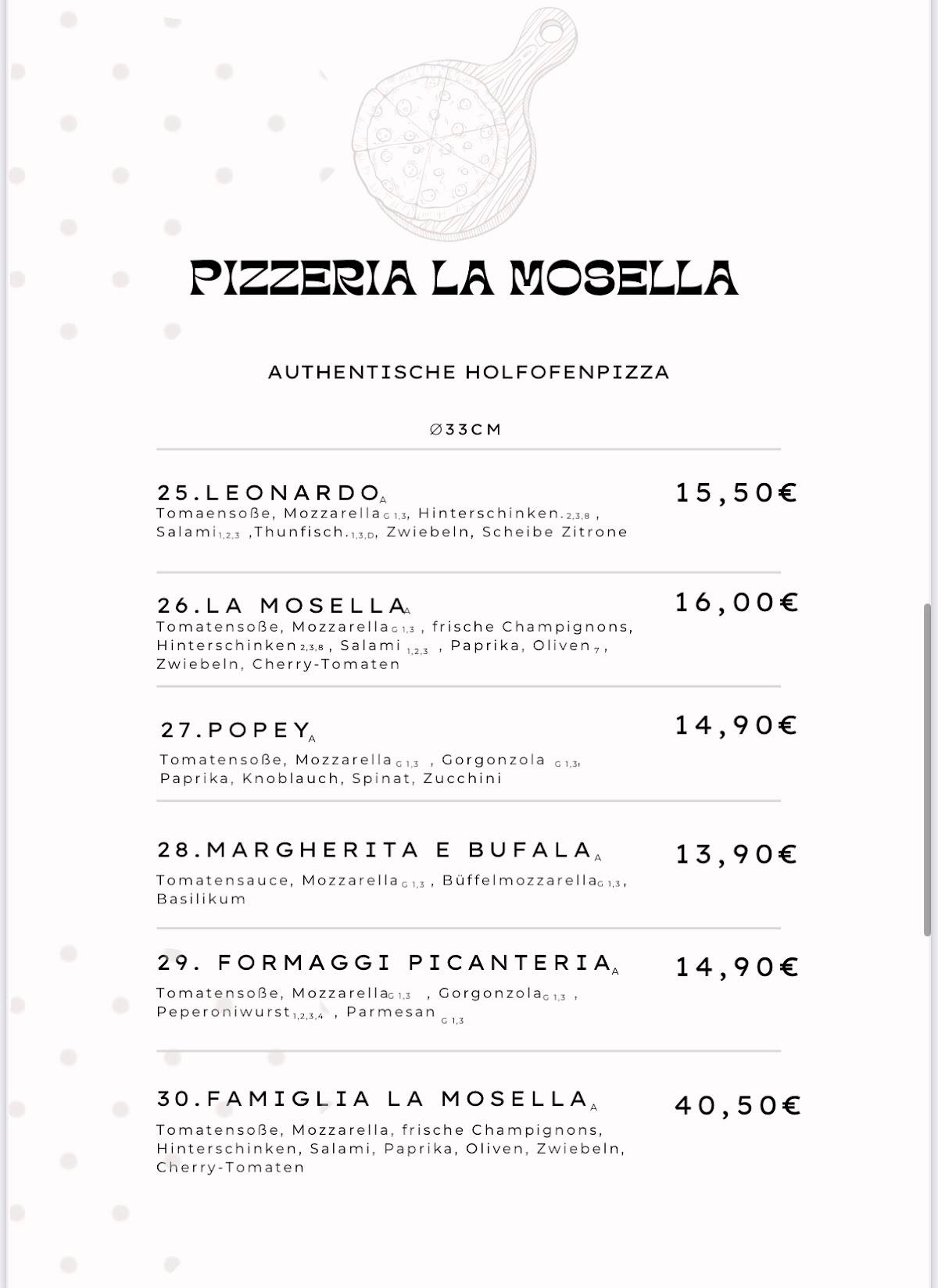 Speisekarte von Pizzeria La Mosella, Brauneberg