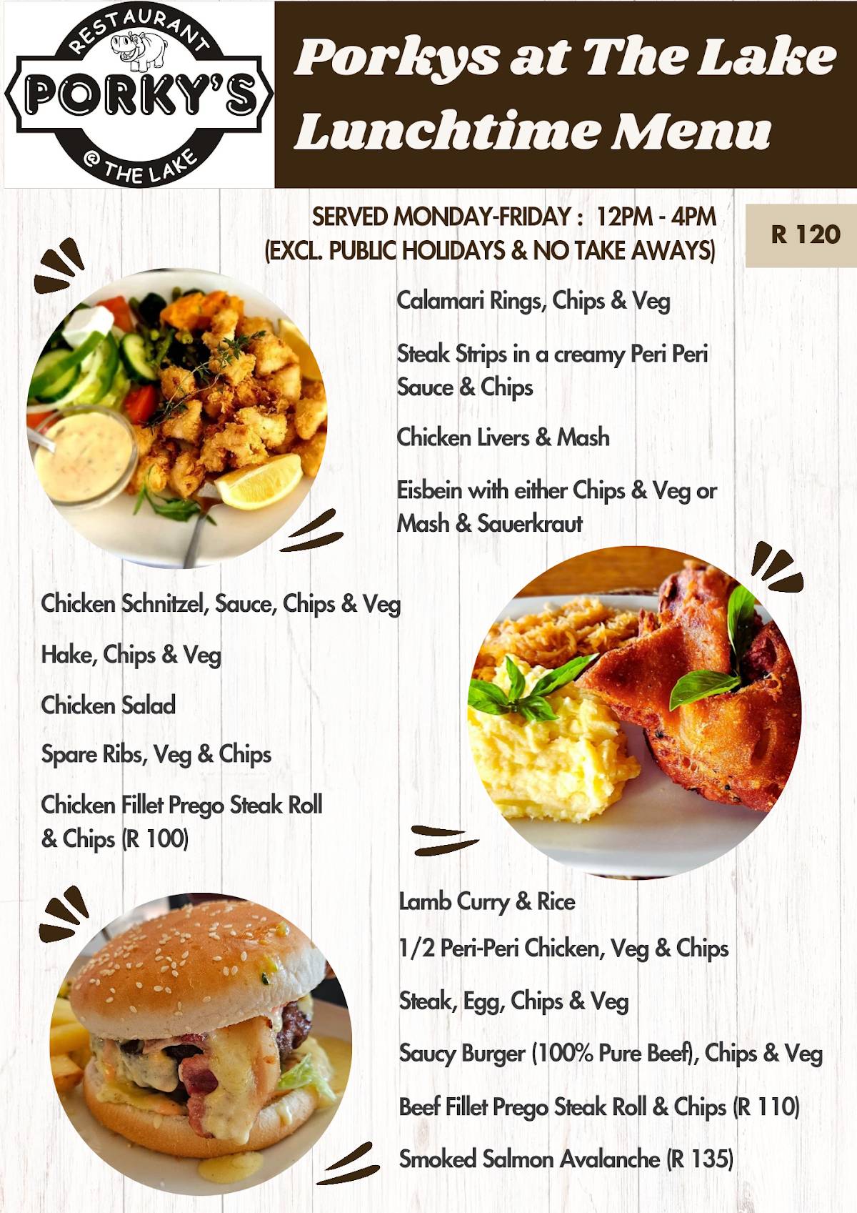 Menu at Porkys at The Lake restaurant, Richards Bay