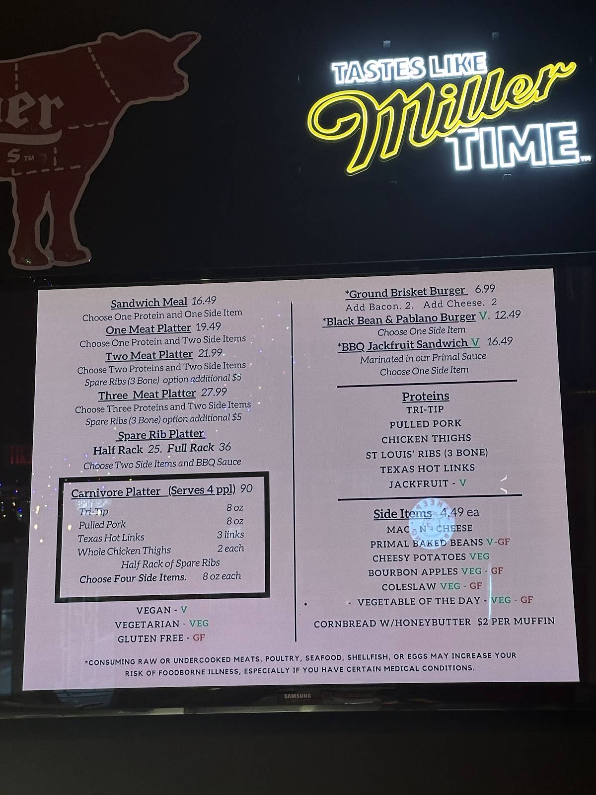 Menu at Primal 'Cue Barbecue Joint and Catering, Sun Prairie