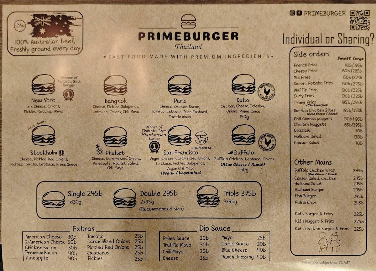 Menu at Prime Burger Fisherman's Village restaurant, Ko Samui, Thanon ...