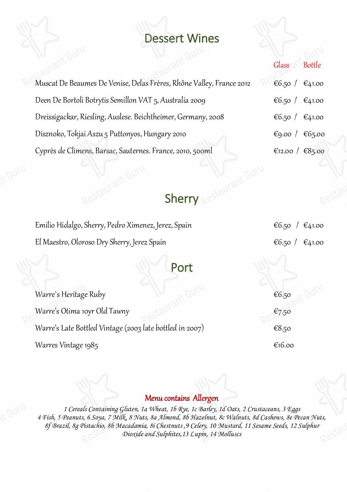 Menu at Pullman Restaurant, Galway