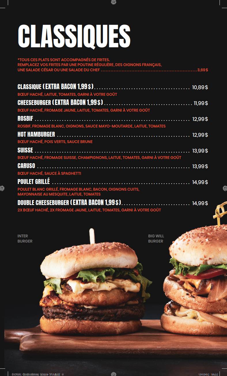 Menu au Québec Broue Charlesbourg restaurant, Québec