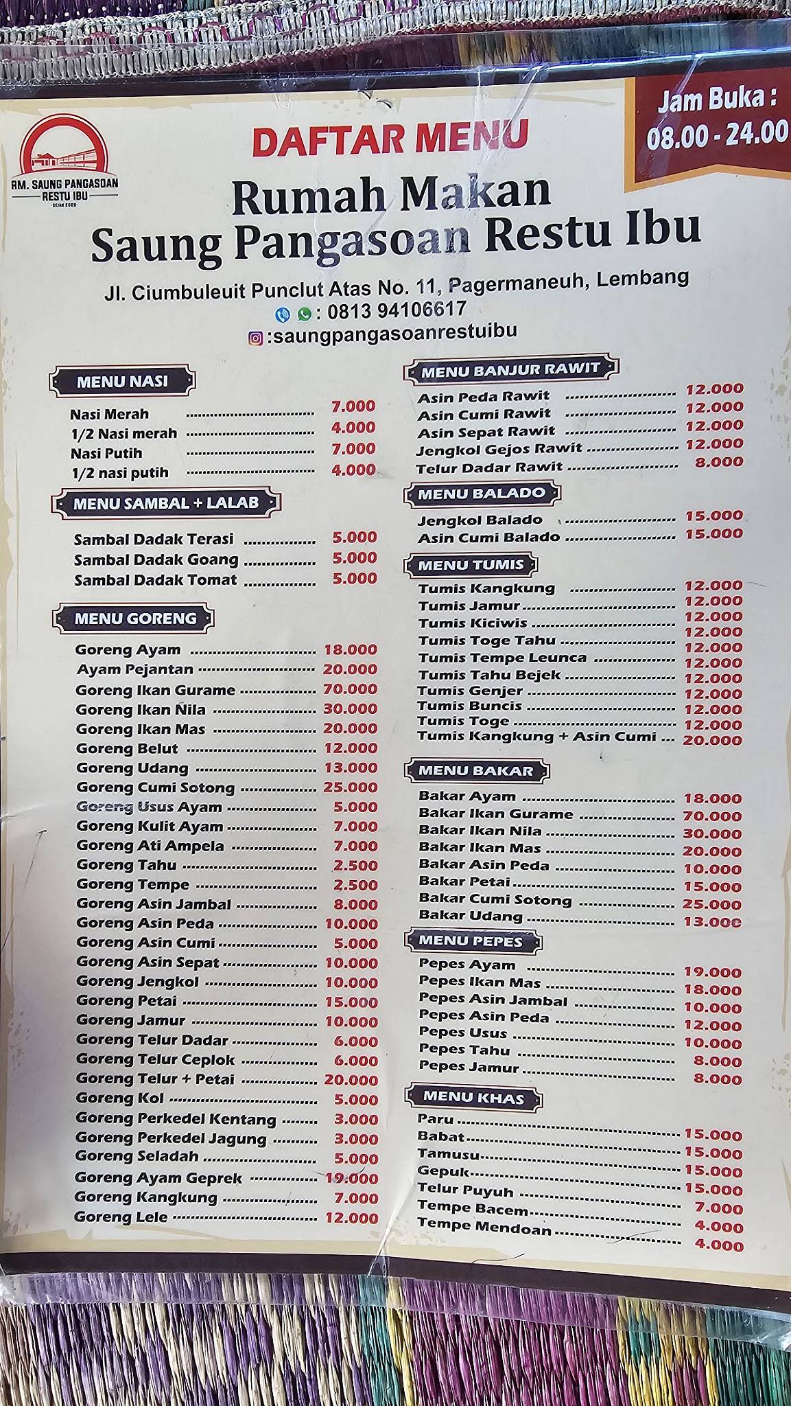 Menu at RM. Saung Pangasoan Restu Ibu restaurant, Lembang
