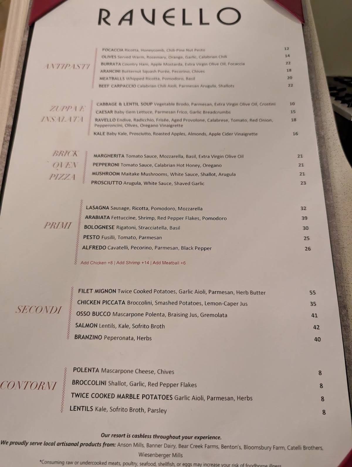 Menu at Ravello restaurant, Nashville, Opryland Dr