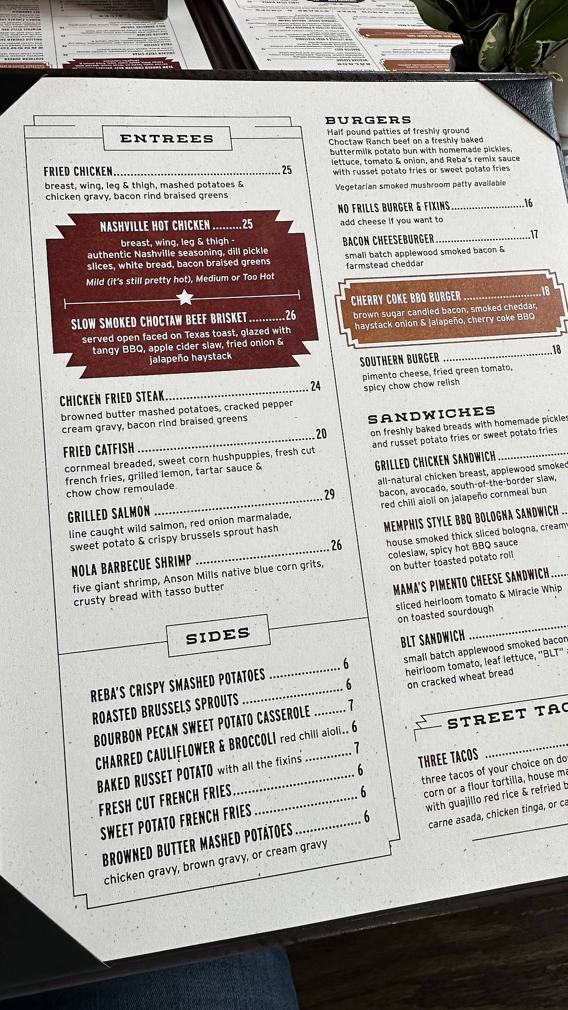 Menu at Reba's Place restaurant, Atoka