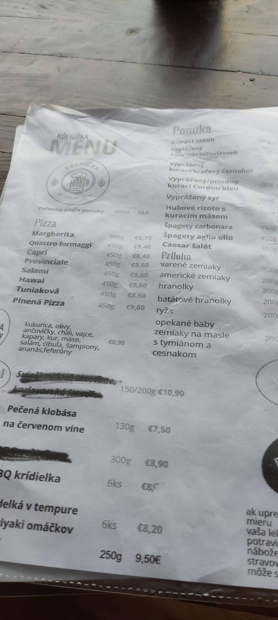 Menu au Reštaurácia Kôlnička restaurant, Bratislava