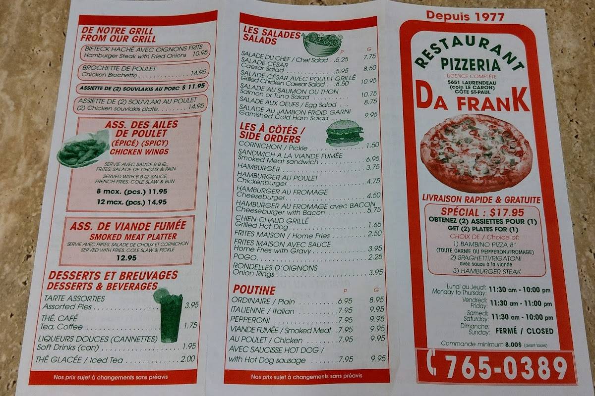Menu au Restaurant Da Frank, Montréal