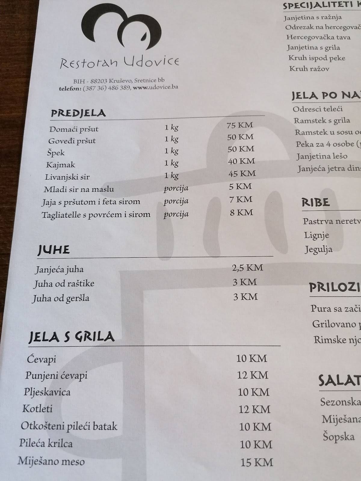 Menu at Restaurant Udovice, Sretnice
