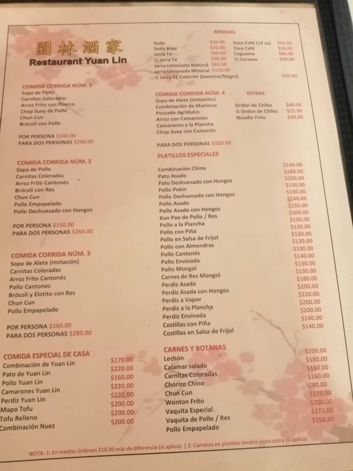 Carta de Restaurante Chino Yuan Lin, Mexicali