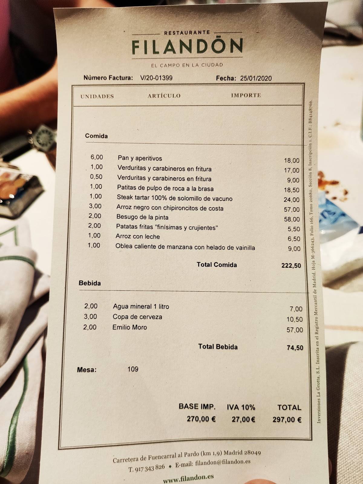 Carta de Restaurante Filandón, Madrid, Carretera Fuencarral-El Pardo M ...