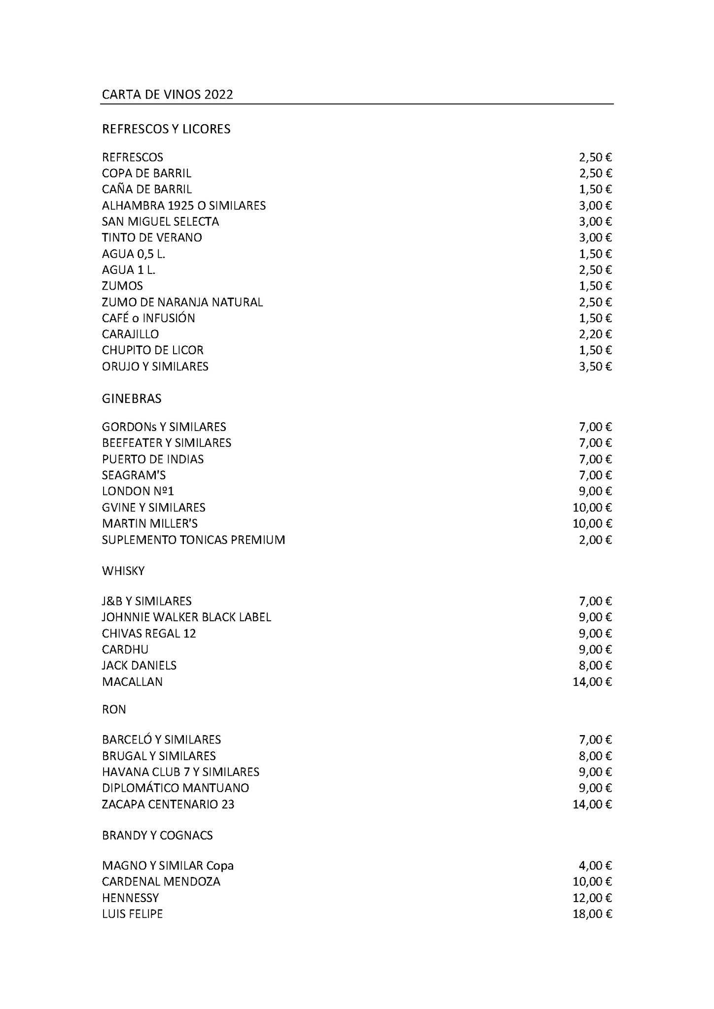 Carta de Restaurante Las Meigas, Huelva, Avenida Guatemala