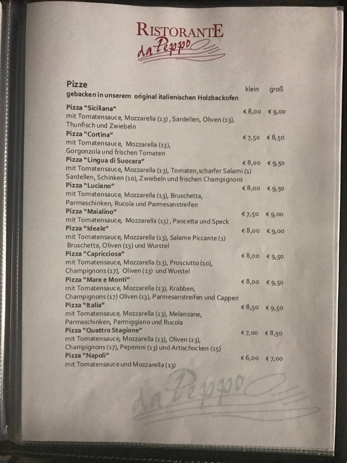Speisekarte von Ristorante da Peppo restaurant, Scheßlitz