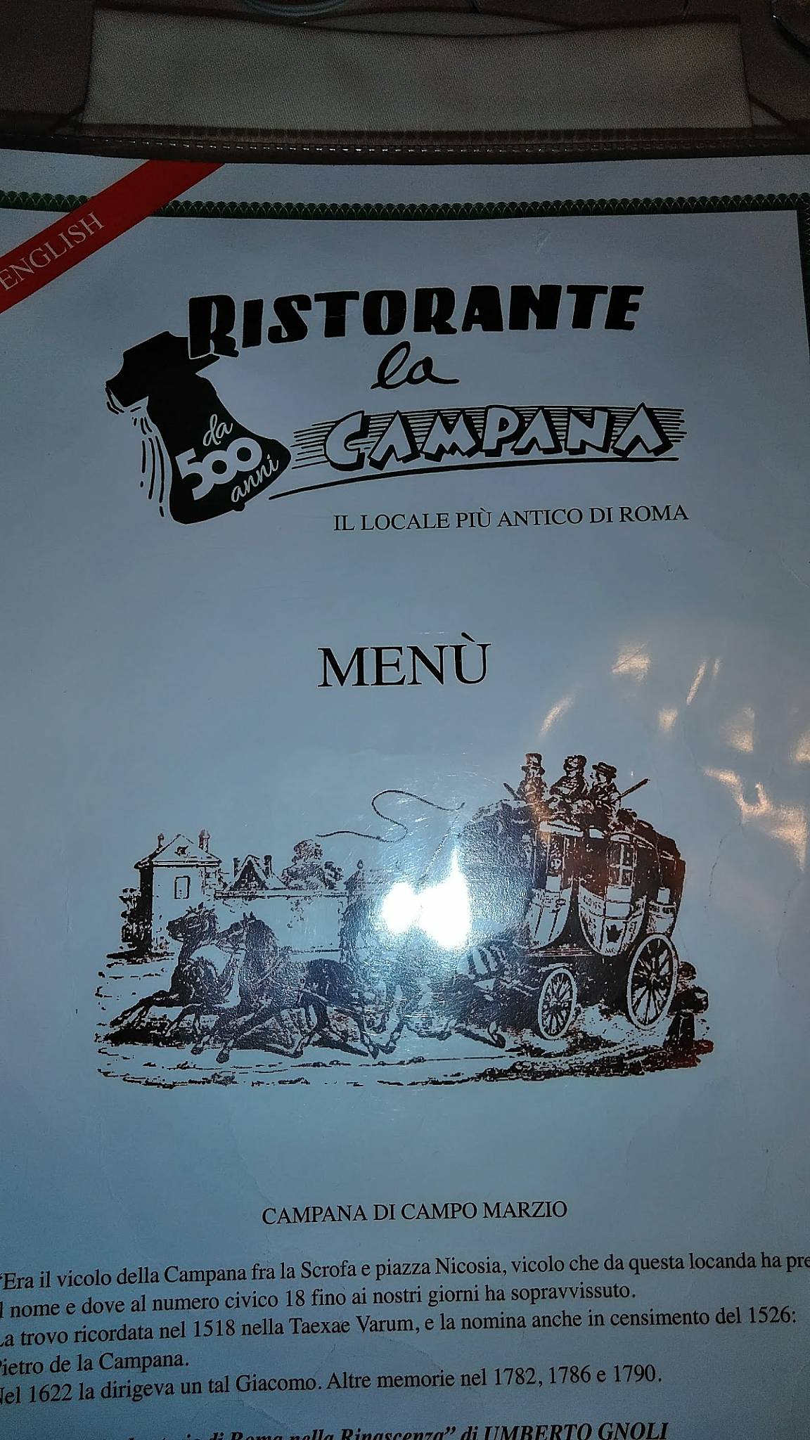Menu at Ristorante la Campana, Rome