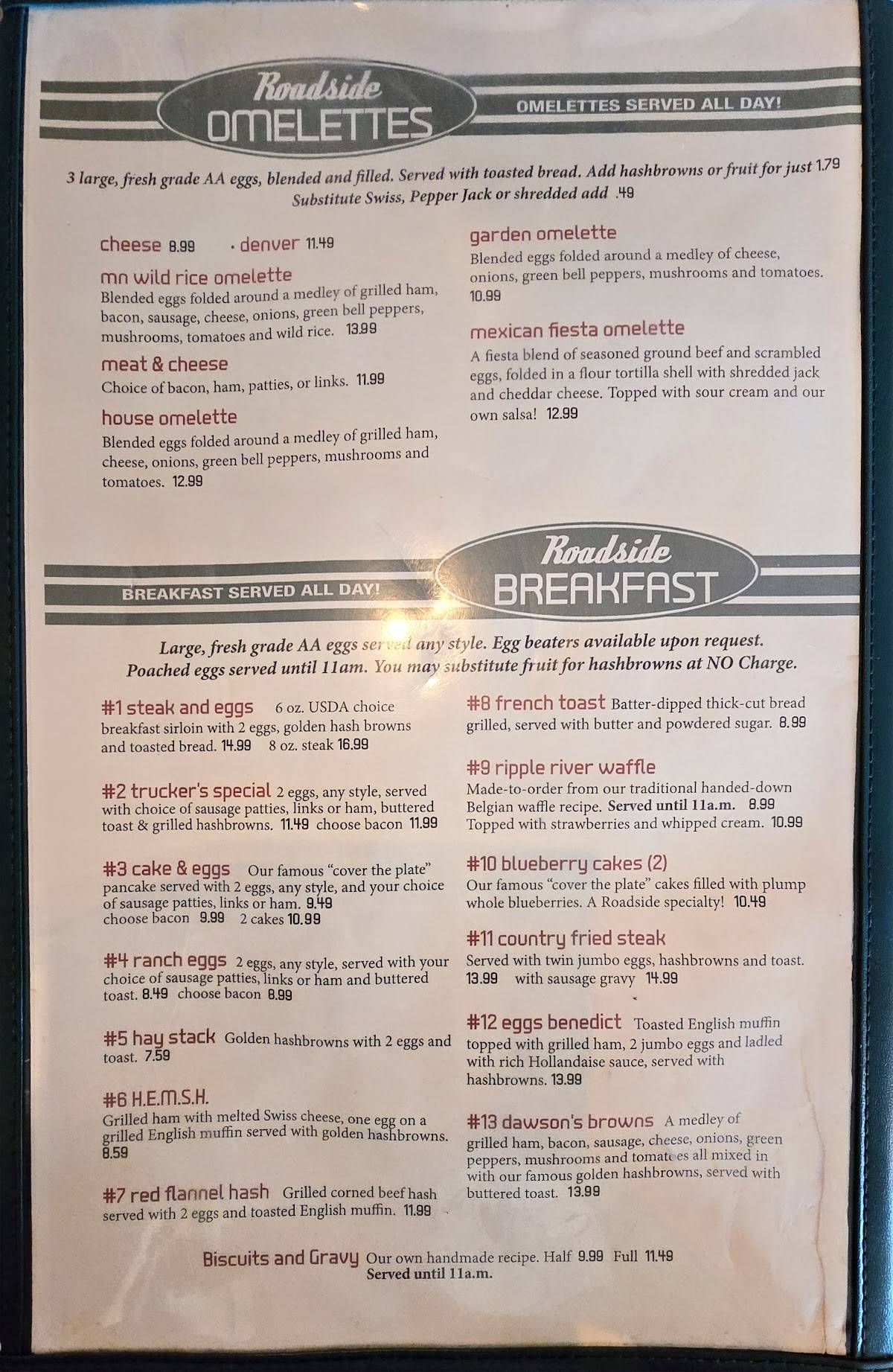 Menu at Roadside Restaurant, Aitkin