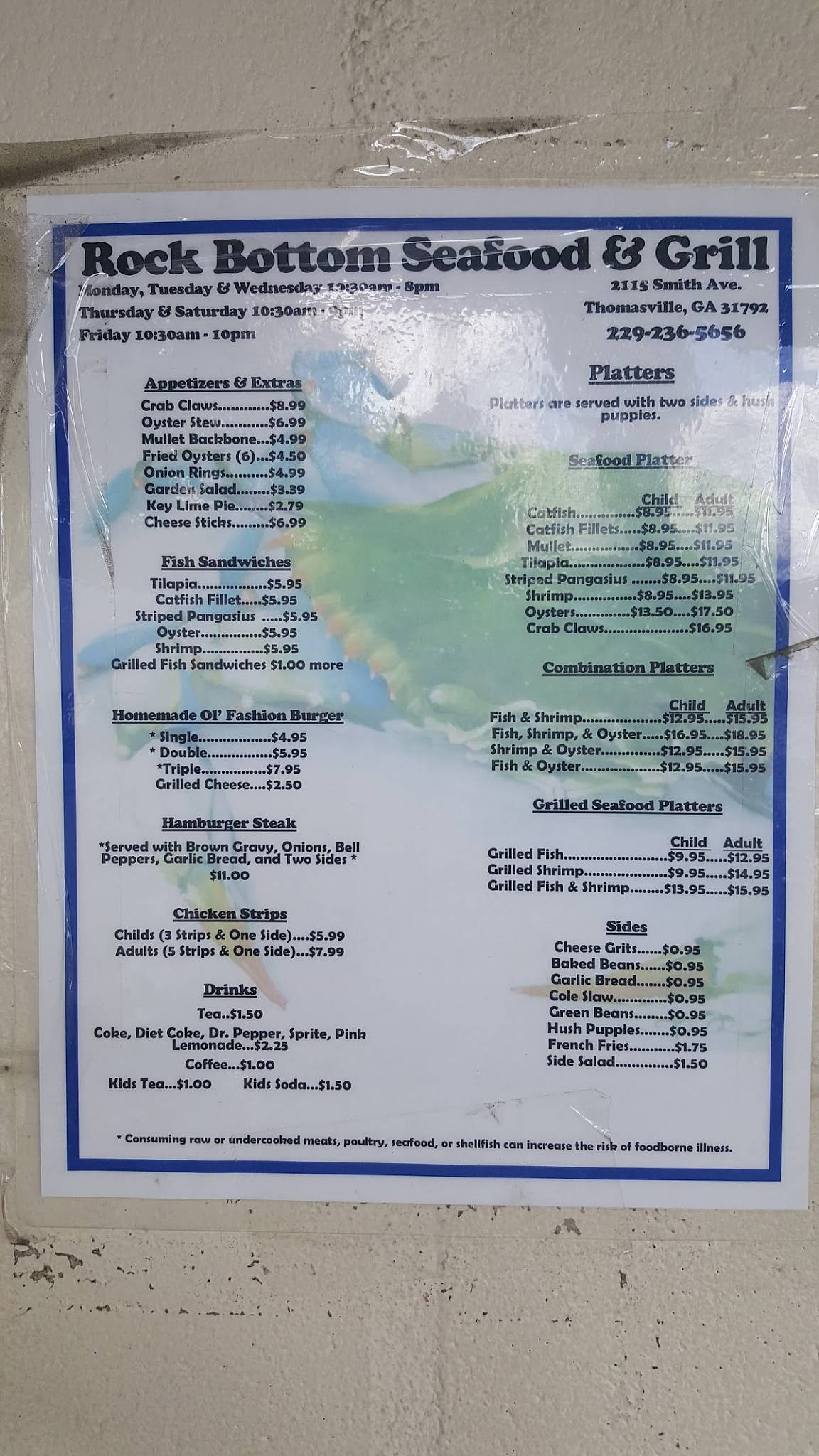 Menu at Rock Bottom Seafood & Grill restaurant, Thomasville