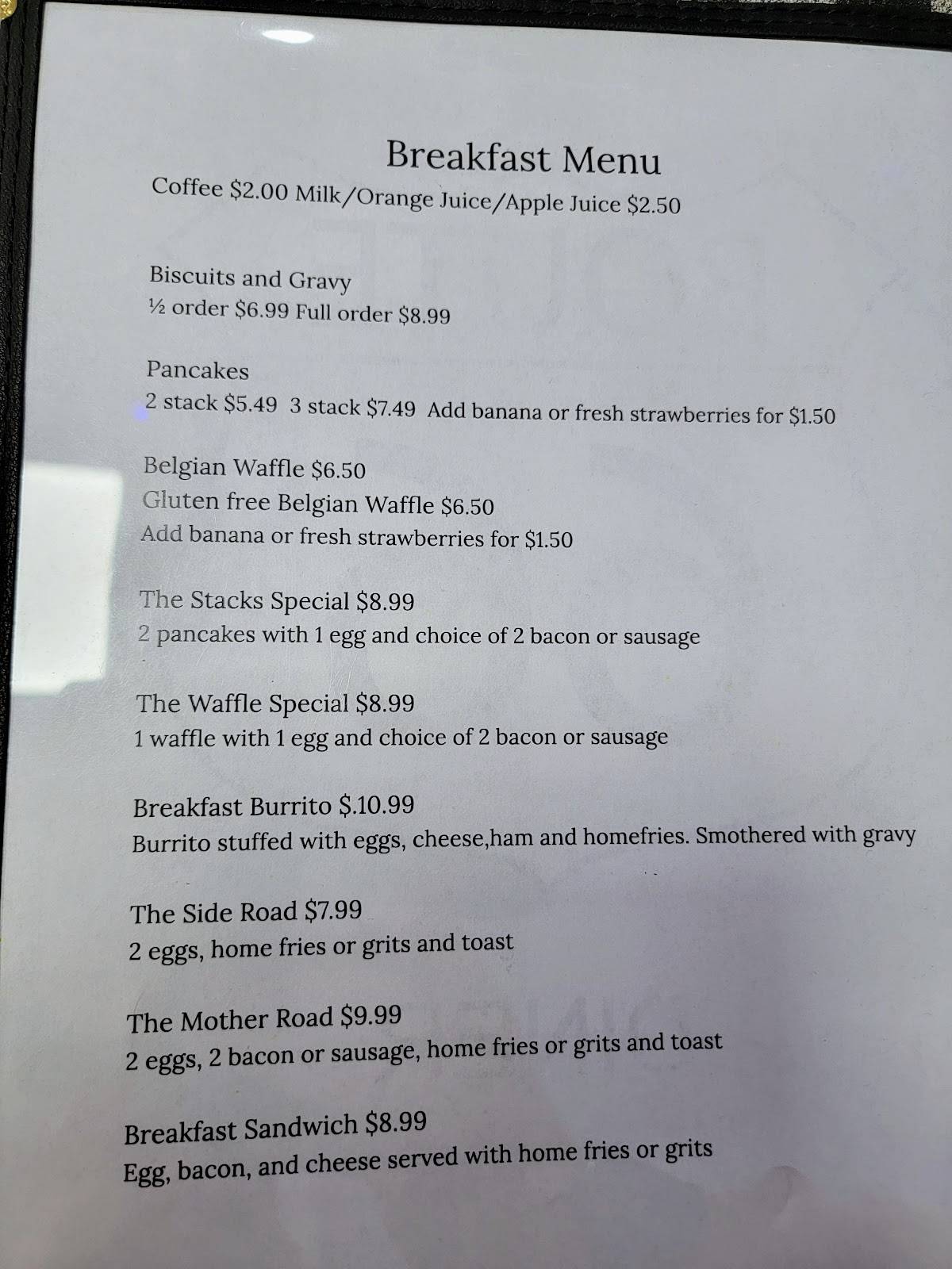 Menu at Route 66 diner restaurant, Pinellas Park
