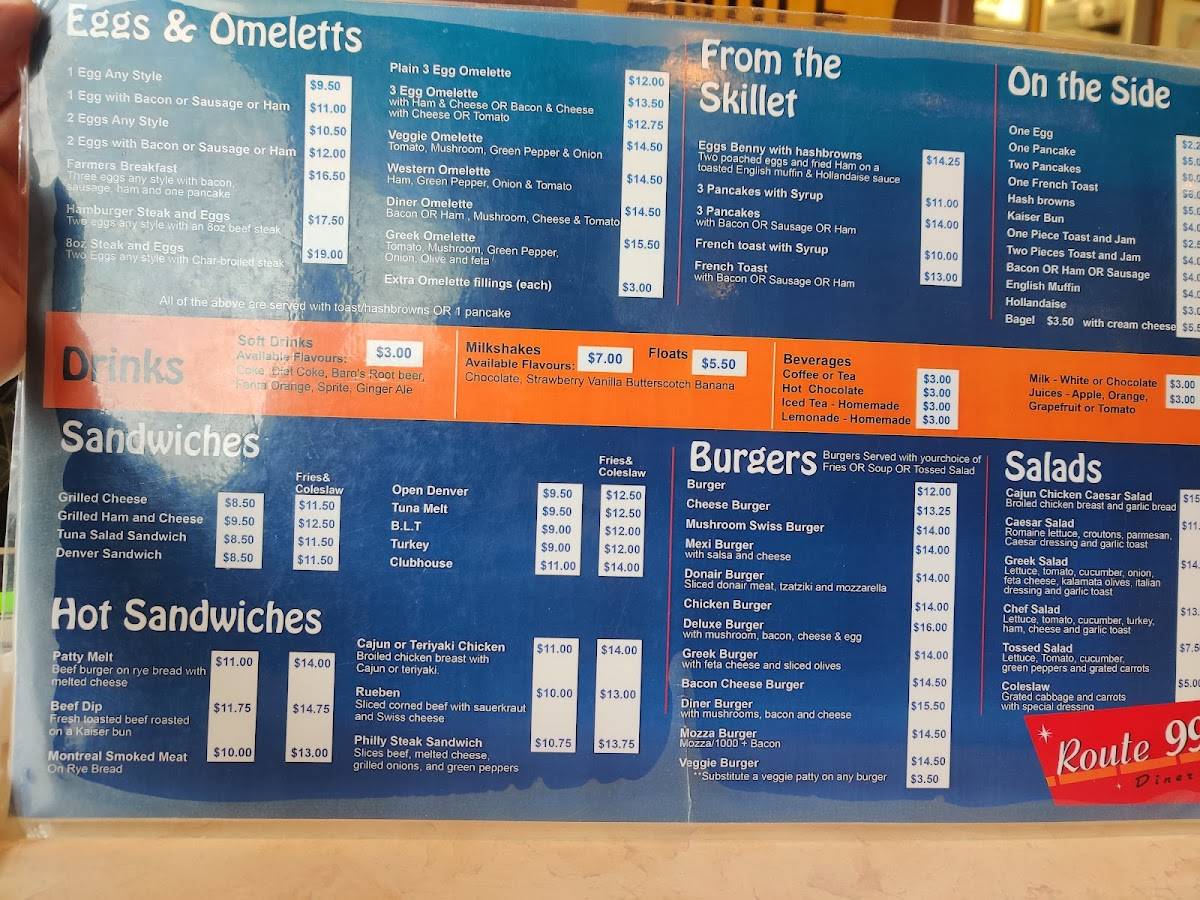 Menu at Route 99 Diner restaurant, Edmonton