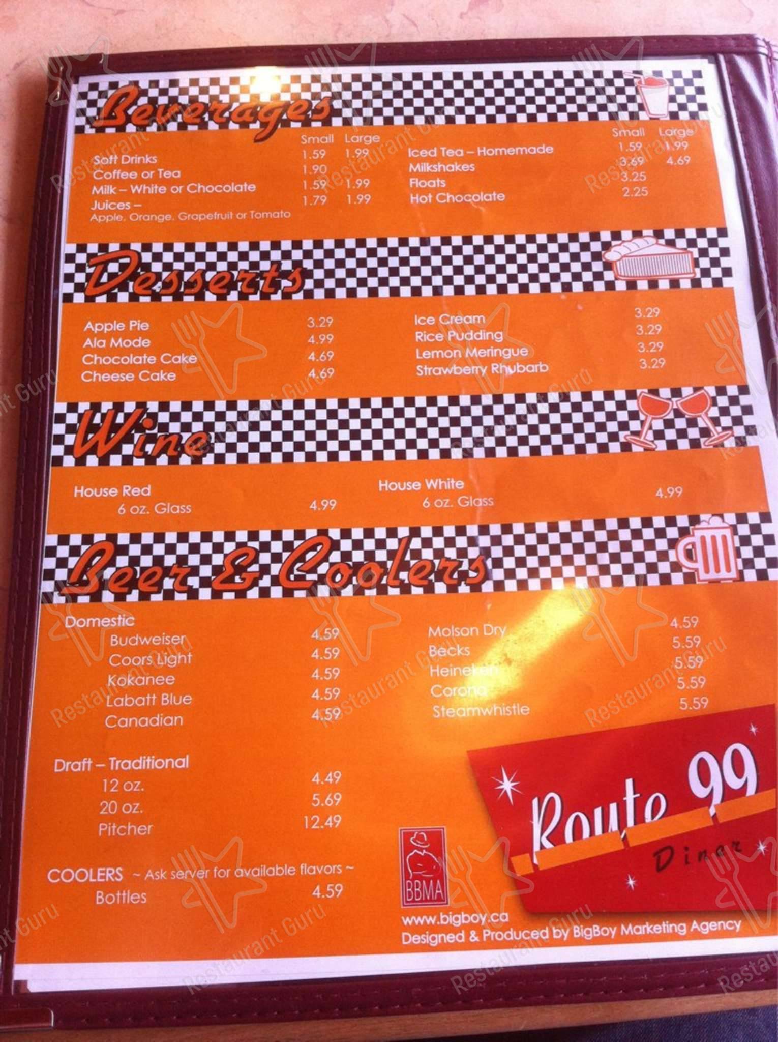 Menu at Route 99 Diner restaurant, Edmonton