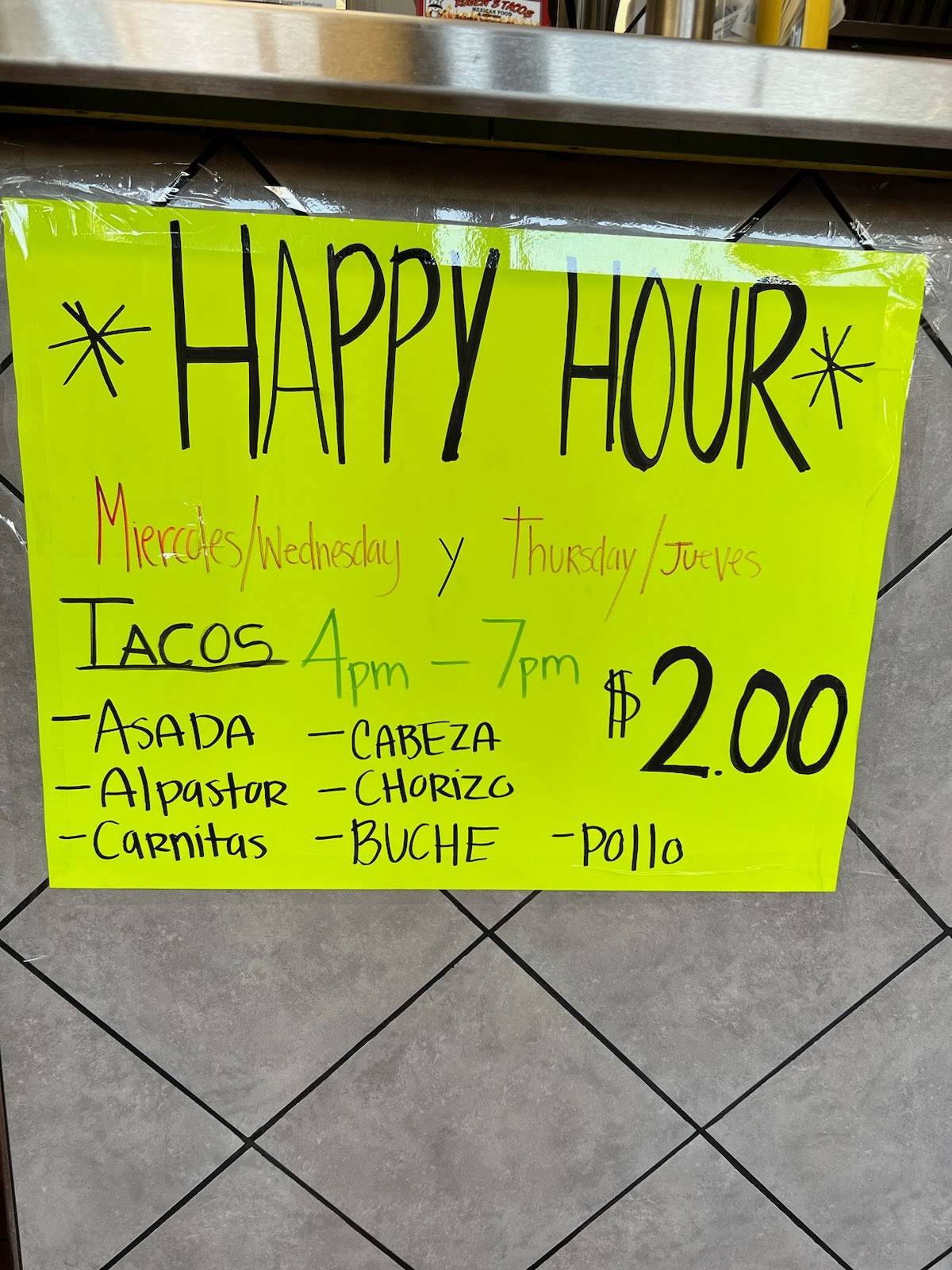 Menu at Ruben's Tacos restaurant, Upland, 175 Grove Ave A