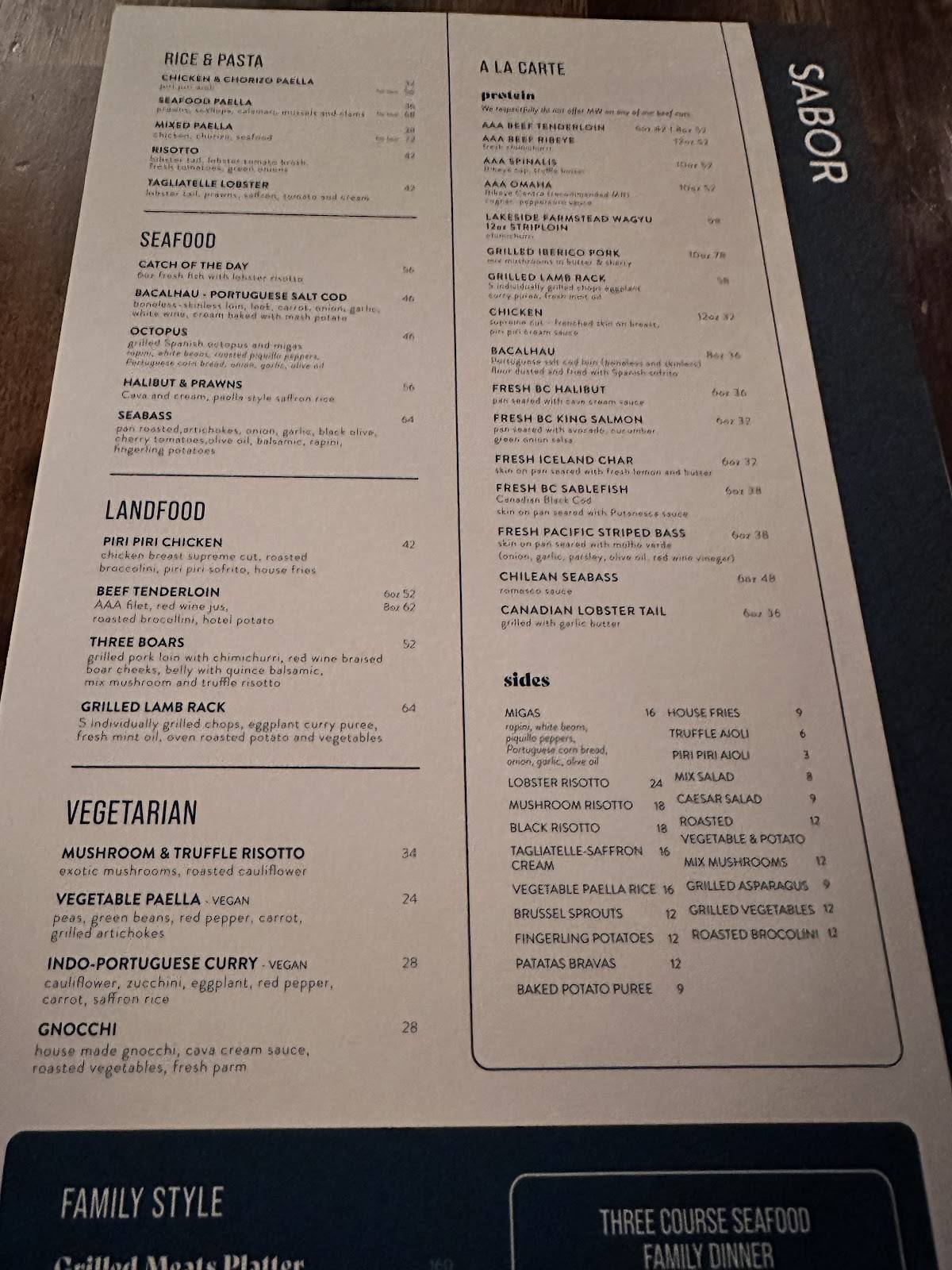 Menu at Sabor Restaurant, Edmonton