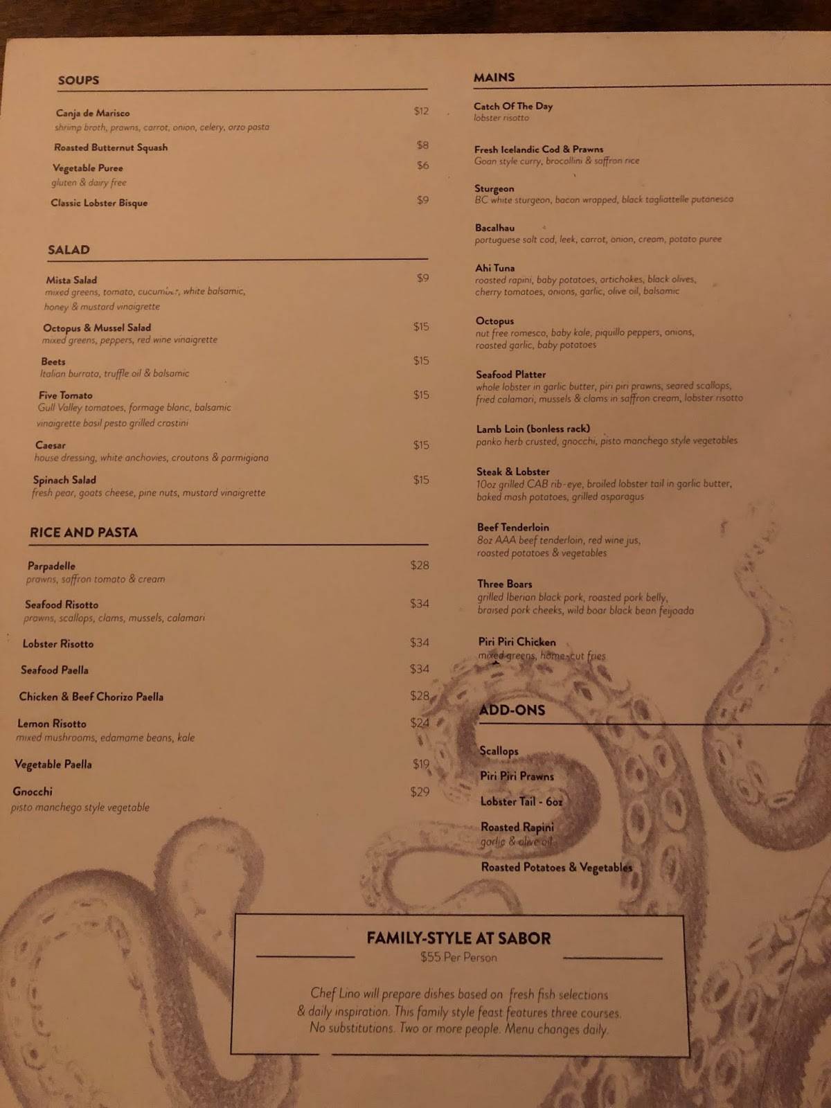 Menu at Sabor Restaurant, Edmonton