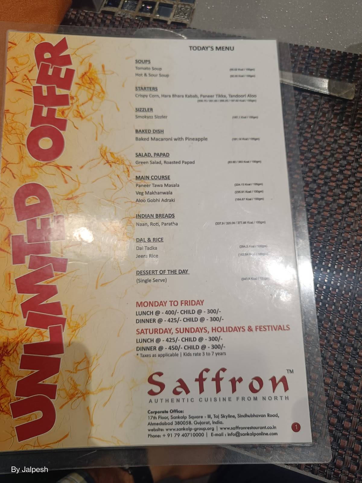 Menu at Saffron Restaurant, Ahmedabad, GF-12