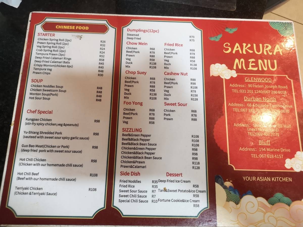 Menu at Sakura Westville restaurant, Westville