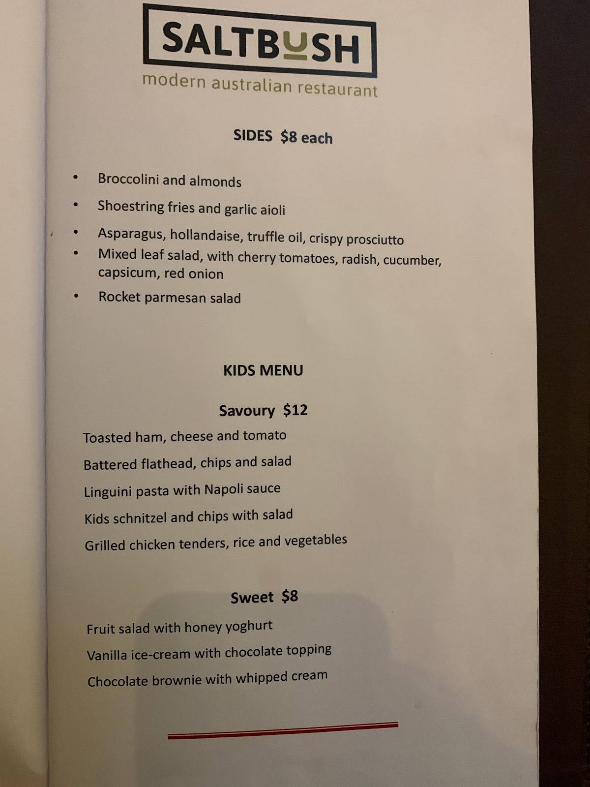 Menu at Saltbush restaurant, Alice Springs