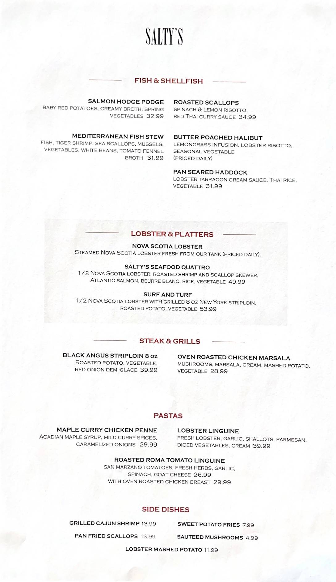Menu at Salty's restaurant, Halifax