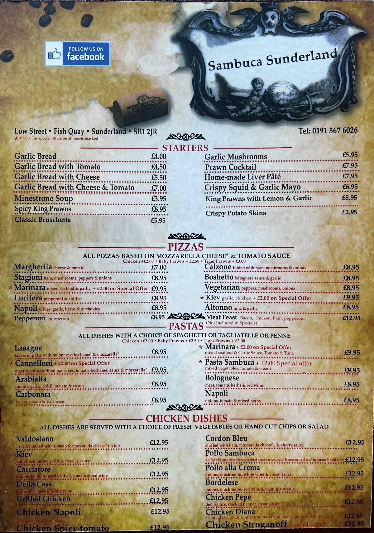 Menu at Sambuca Sunderland restaurant, Sunderland