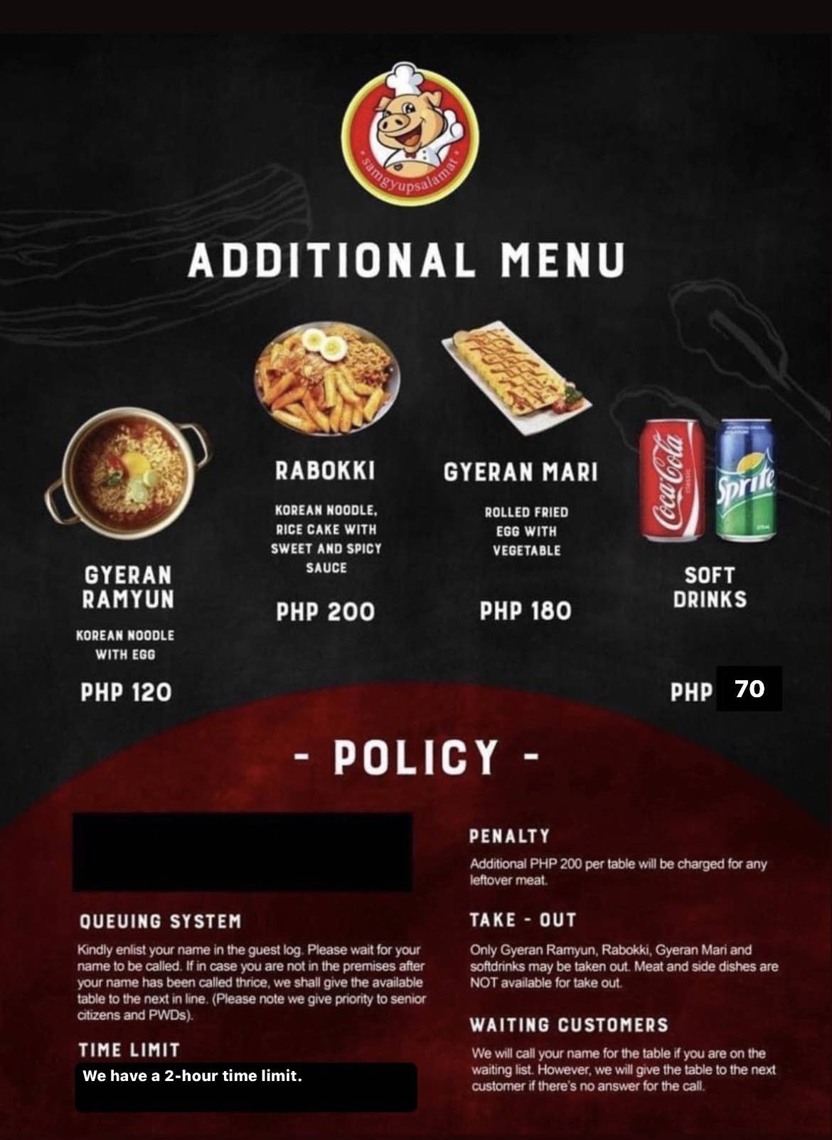 Menu at Samgyupsalamat Davao Quirino restaurant, Davao City
