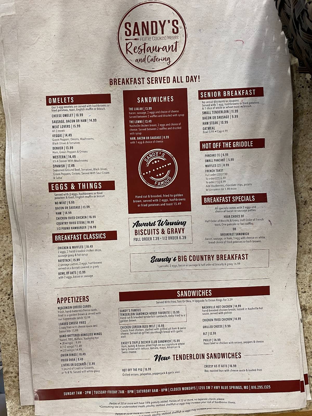 Menu at Sandy's Restaurant and Banquet Room, Blue Springs, SW US