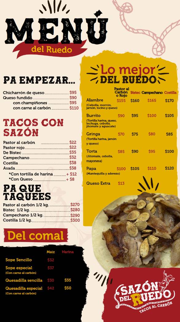 Carta del restaurante Sazón Del Ruedo - Tacos Al carbón, Mexico