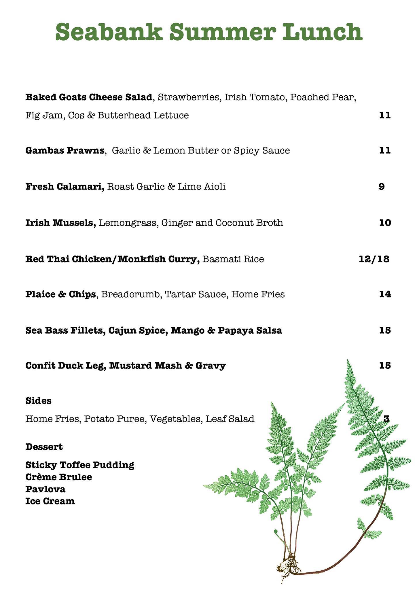 Menu at Seabank Bistro restaurant, Malahide